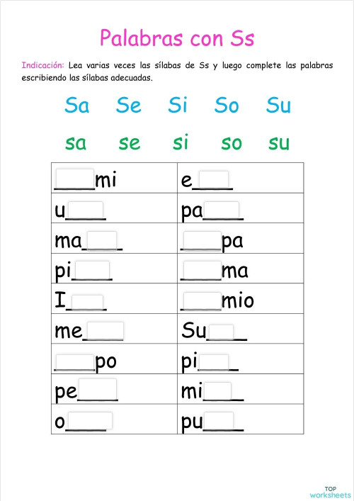 Palabras con Ss. Ficha interactiva | TopWorksheets