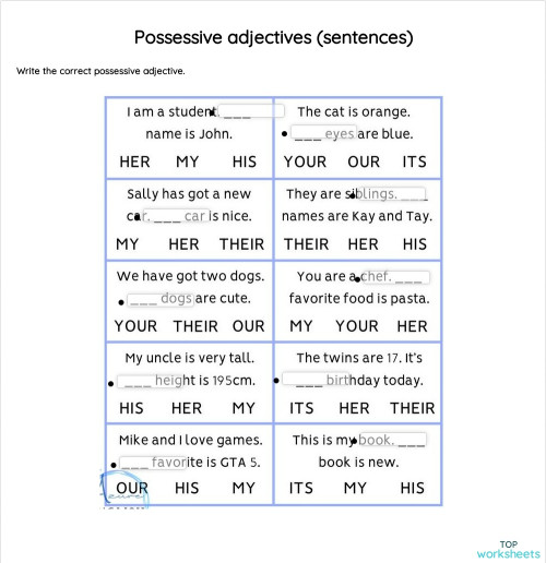 Possessive adjectives (sentences). Interactive worksheet | TopWorksheets