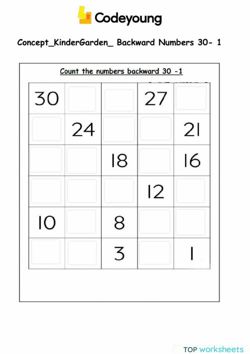 Backward Counting Numbers 30 To 1 Interactive Worksheet Topworksheets