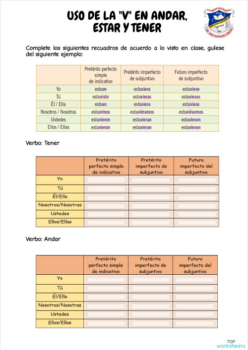 USO DE LA "V" EN ANDAR, ESTAR Y TENER. Ficha interactiva | TopWorksheets