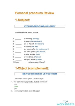 Pronouns- subject and object. Interactive worksheet | TopWorksheets