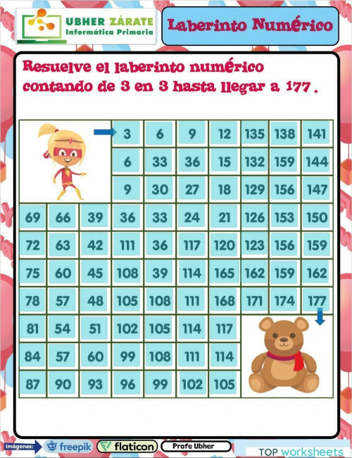 Laberinto Matemático de 3 en 3.. Ficha interactiva | TopWorksheets