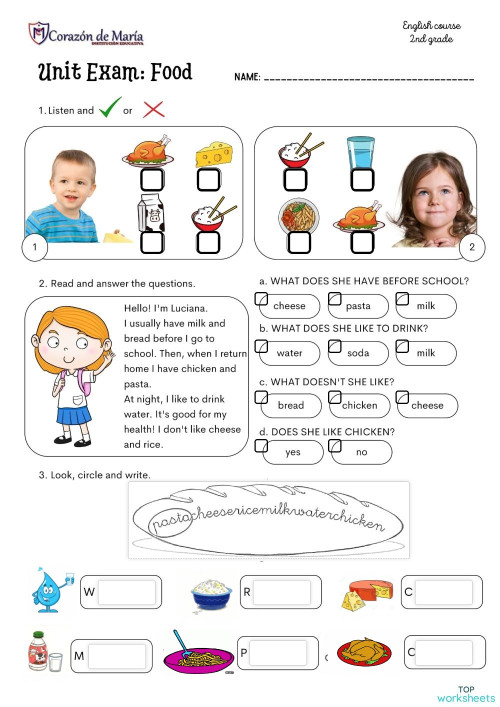 2ND GRADE - UNIT EXAM:FOOD. Interactive worksheet | TopWorksheets