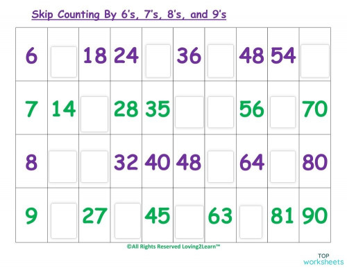 Skip counting 6, 7, 8 and 9 Year 3. Interactive worksheet | TopWorksheets