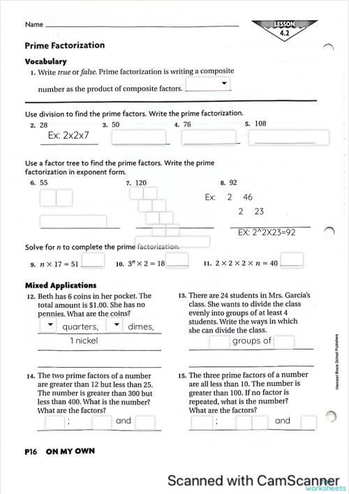 Lesson 4.2 Prime Factorization (6th) (Copied). Interactive worksheet ...