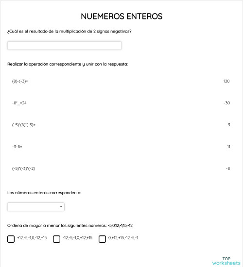 NUEMEROS ENTEROS. Ficha interactiva | TopWorksheets