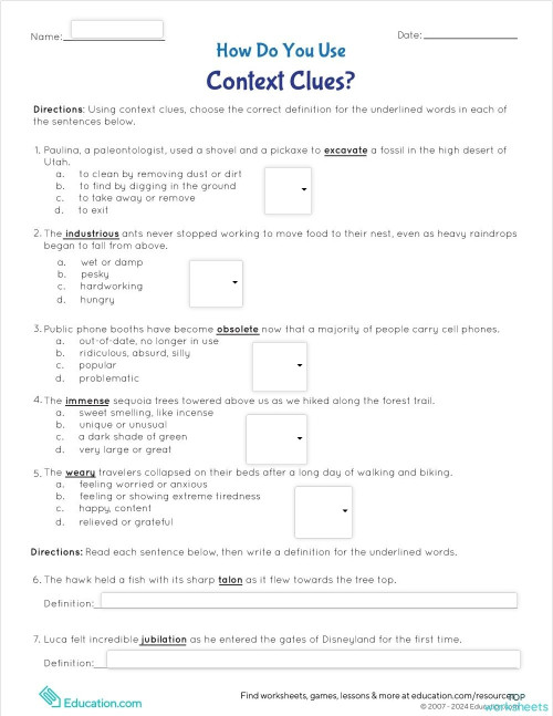 Context Clues Practice 2-A. Interactive worksheet | TopWorksheets