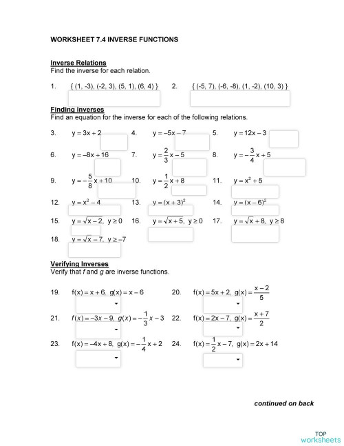 Inverse Functions. Interactive worksheet | TopWorksheets