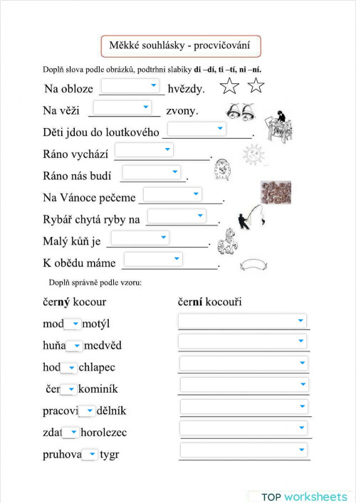Měkké slabiky DI, TI, NI. Interaktivní pracovní list | TopWorksheets
