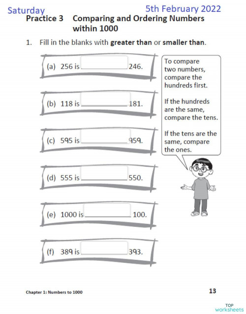 Compaing Numbers within 1000. Interactive worksheet | TopWorksheets