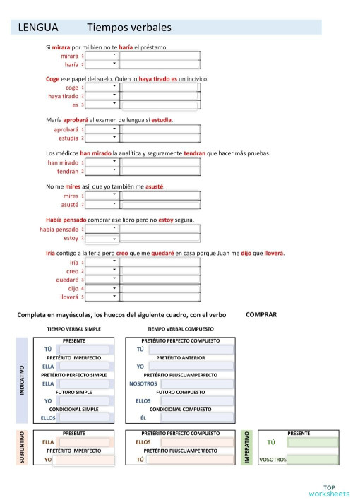 Lengua Tiempos verbales I. Ficha interactiva | TopWorksheets