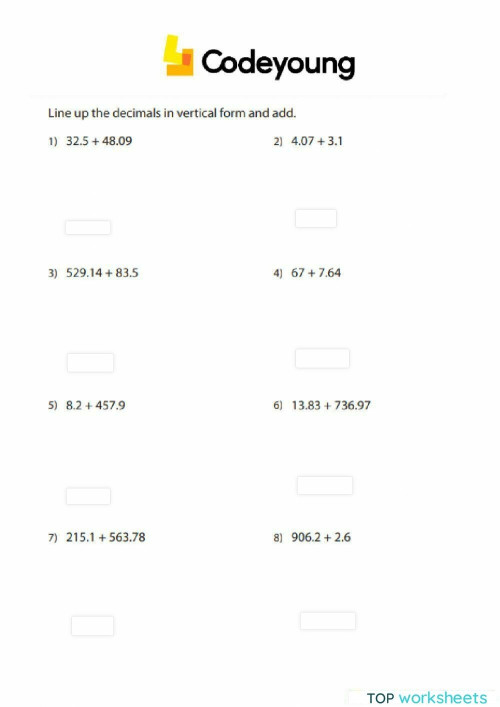 Addition and Subtraction of Decimals Concept HW. Interactive worksheet ...