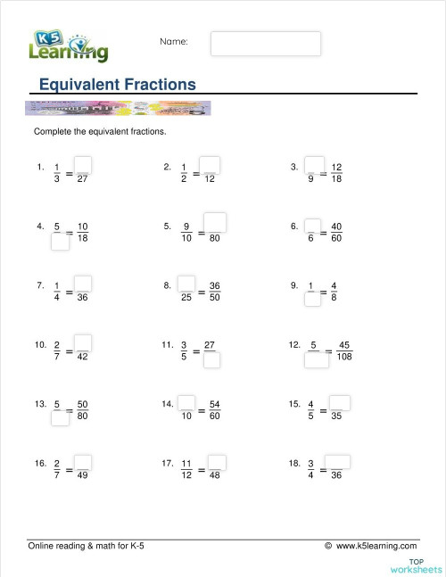 Equivalent Fractions Sheet 4. Interactive worksheet | TopWorksheets