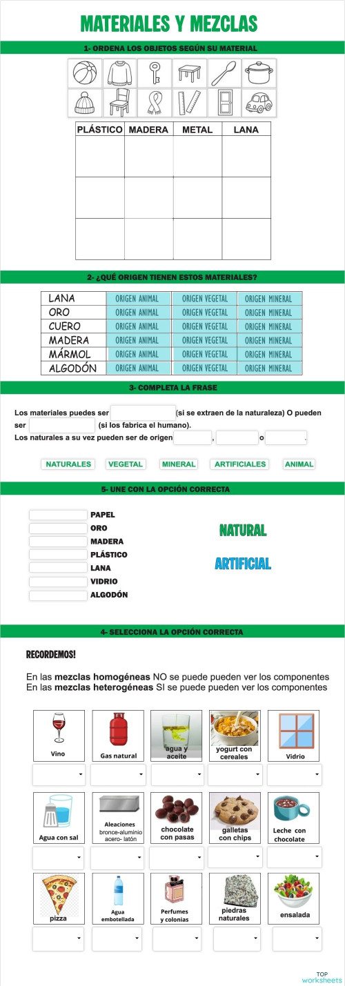 Materia y energía: fichas interactivas y ejercicios online | TopWorksheets