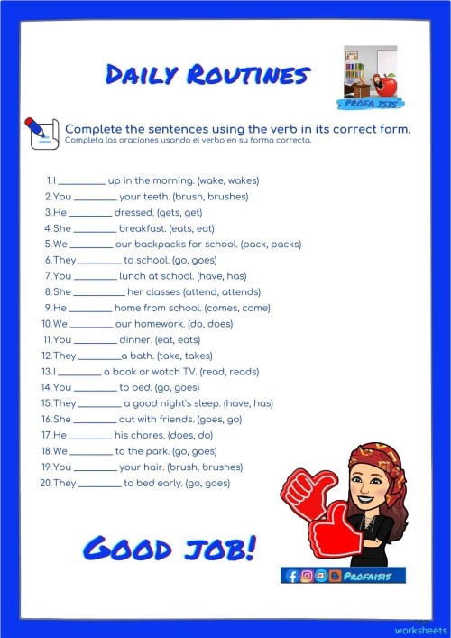 Worksheet-Pre A1 Daily routines 10+. Ficha interactiva | TopWorksheets
