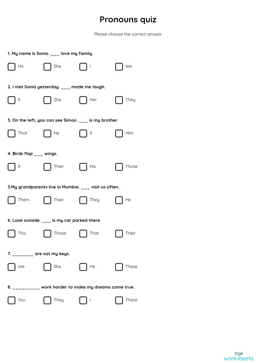 Pronouns quiz. Interactive worksheet | TopWorksheets