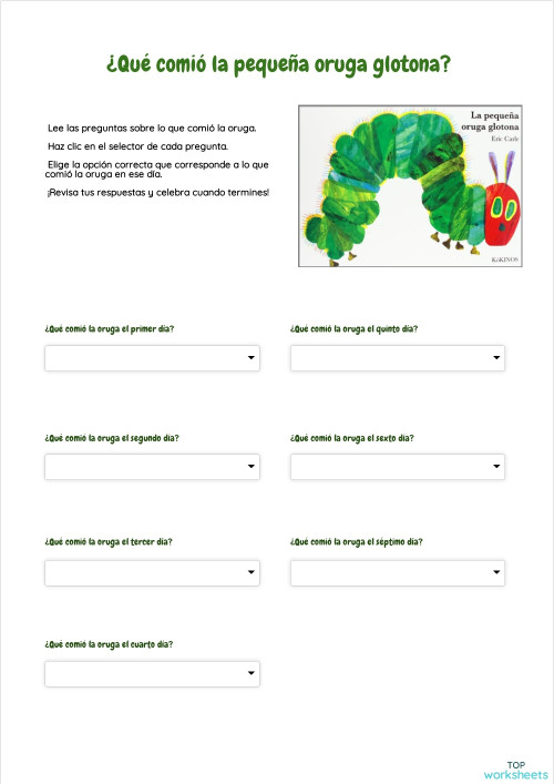 🦋🍎 ¿Qué comió la pequeña oruga glotona? 🍎🦋. Ficha interactiva ...