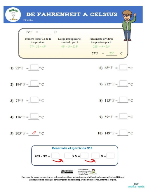 Convertir Fahrenheit a grados Celsius 02. Ficha interactiva | TopWorksheets