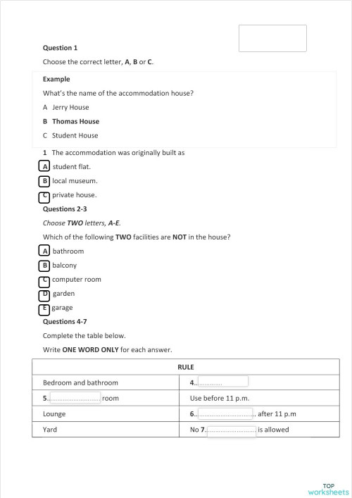 PRACTICE LISTENING - ACCOMMODATION HOUSE. Bài tập tương tác | TopWorksheets