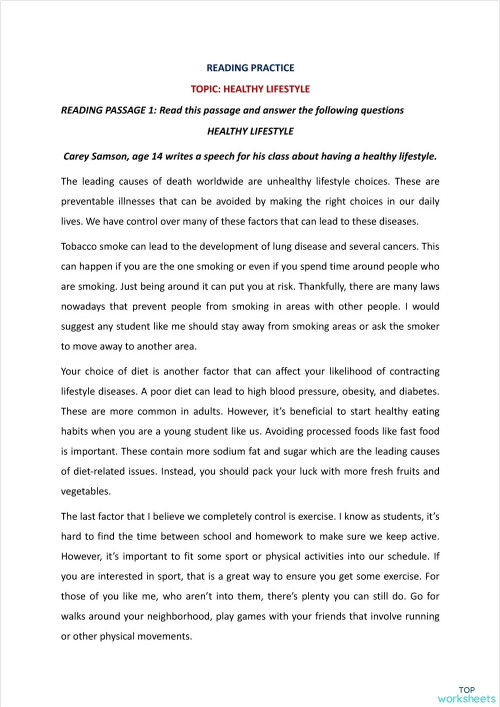 READING PRACTICE: SPORTS AND HEALTH. Interactive worksheet | TopWorksheets