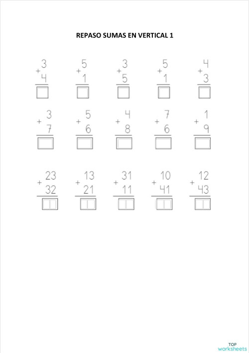 REPASO SUMAS EN VERTICAL 1. Ficha interactiva | TopWorksheets
