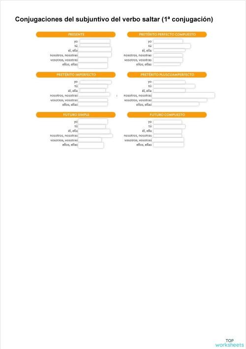 Conjugaciones del subjuntivo del verbo saltar (1ª conjugación). Ficha ...