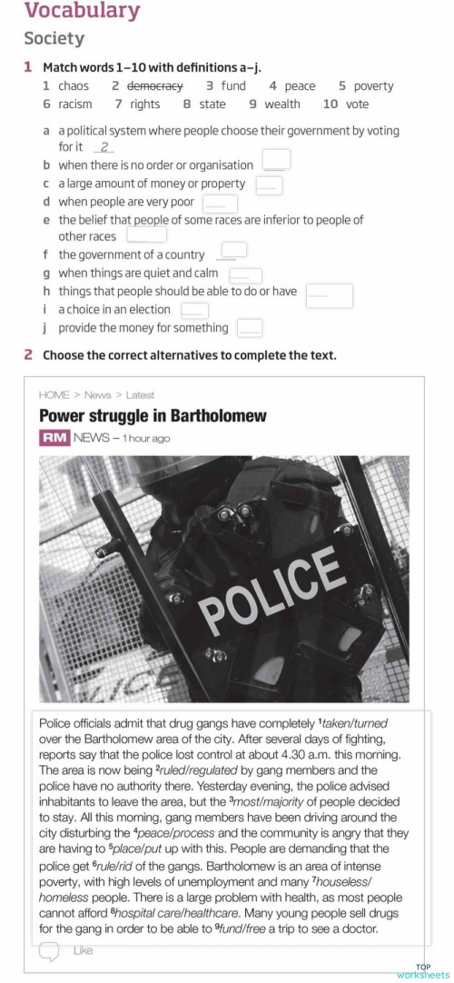 Society (vocabulary ). Interactive worksheet | TopWorksheets