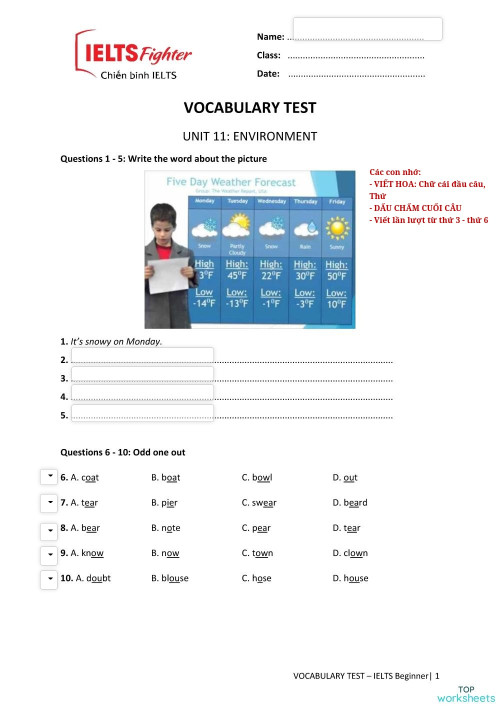 IELTS BEGINNER JUNIOR - VOCAB TEST 11. Interactive worksheet ...