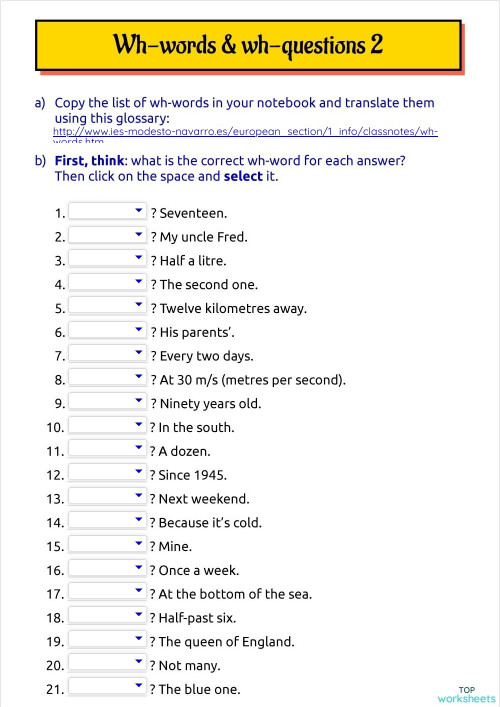 Wh-words and wh-questions 2. Interactive worksheet | TopWorksheets