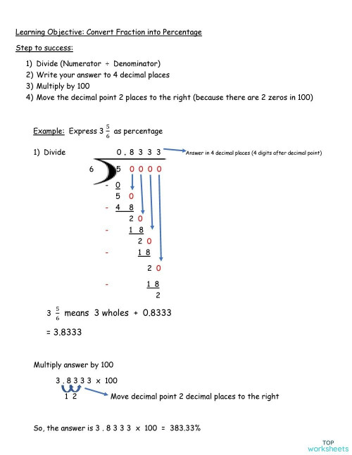 Year 6 - Convert Fraction as percentage. Interactive worksheet ...