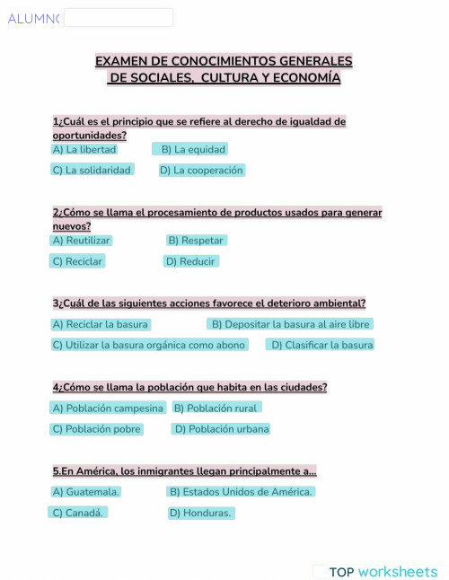 EXAMEN DE CONOCIMIENTOS GENERALES DE SOCIALES, CULTURA Y ECONOMÍA ...