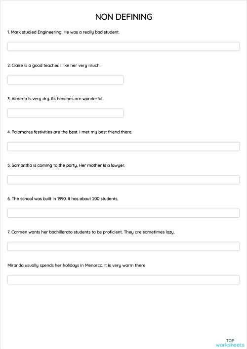 NON DEFINING RELATIVE CLAUSES. Ficha interactiva | TopWorksheets