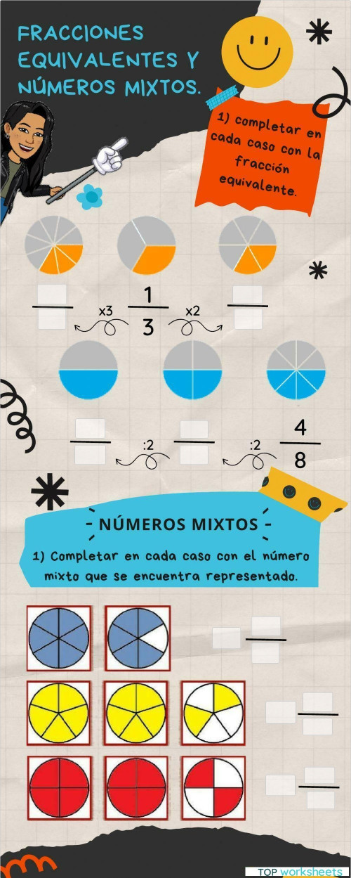 Fracciones equivalentes y mixtas. Ficha interactiva | TopWorksheets