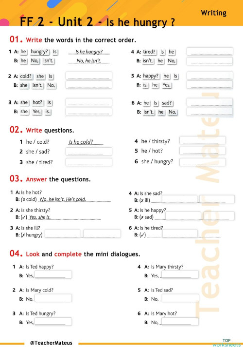 FF 2 - Unit 02 - Is he hungry ? - Writing. Interactive worksheet ...