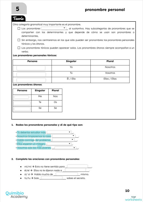 Fichas De Pronombres