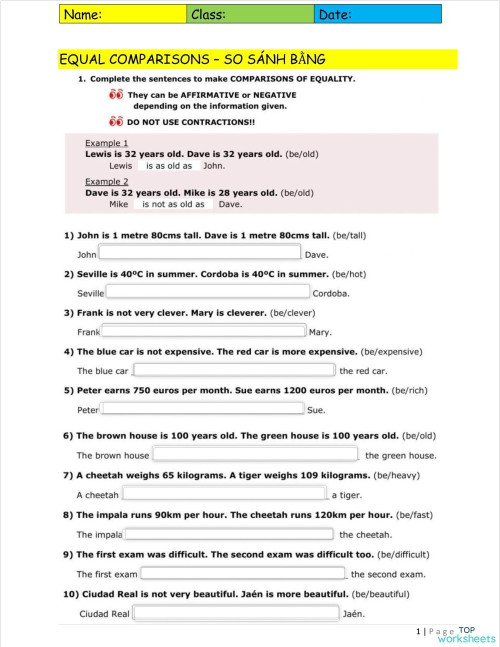 SO SÁNH BẰNG - EQUAL COMPARISONS. Interactive worksheet | TopWorksheets