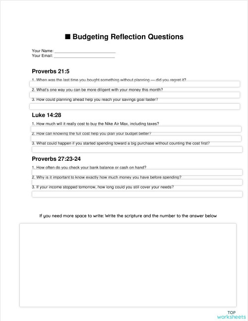 Budgeting Reflection Questions. Interactive worksheet | TopWorksheets