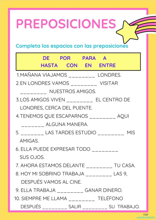 PREPOSICIONES: fichas interactivas y ejercicios online | TopWorksheets