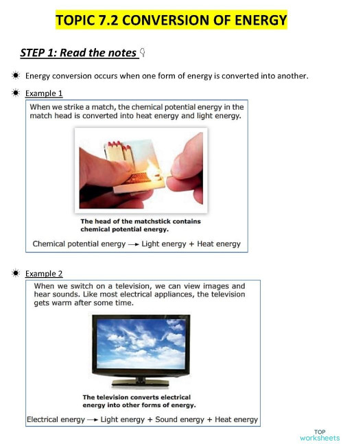 YR 7 TOPIC 7.2 Conversion of energy. Interactive worksheet | TopWorksheets