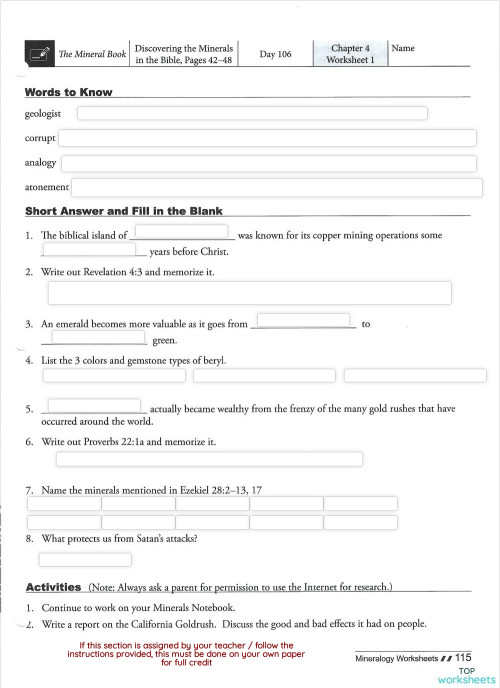 Chapter 4: Pg 115 Discovering the Minerals ..........Worksheet 1 ...