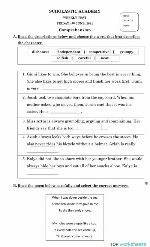 Comprehension. Interactive worksheet | TopWorksheets