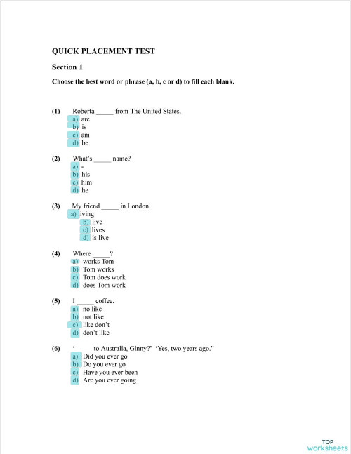 Placement Test A1-C1. Interactive worksheet | TopWorksheets