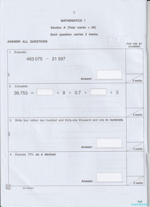 PRE-TEST PAPER 1 FEBRUARY 2022. Interactive worksheet | TopWorksheets