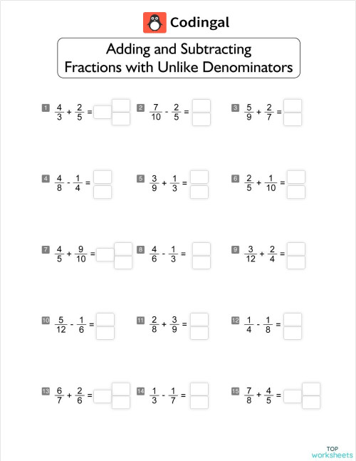 M_G06T03_WC01 Adding and Subtracting Unlike Fractions. Interactive worksheet | TopWorksheets