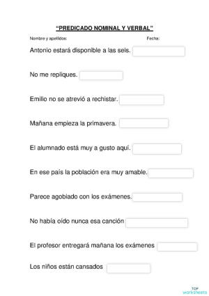 PREDICADO VERBAL Y PREDICADO NOMINAL. Ficha interactiva | TopWorksheets