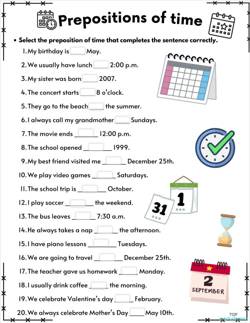 Prepositions of time. Interactive worksheet | TopWorksheets