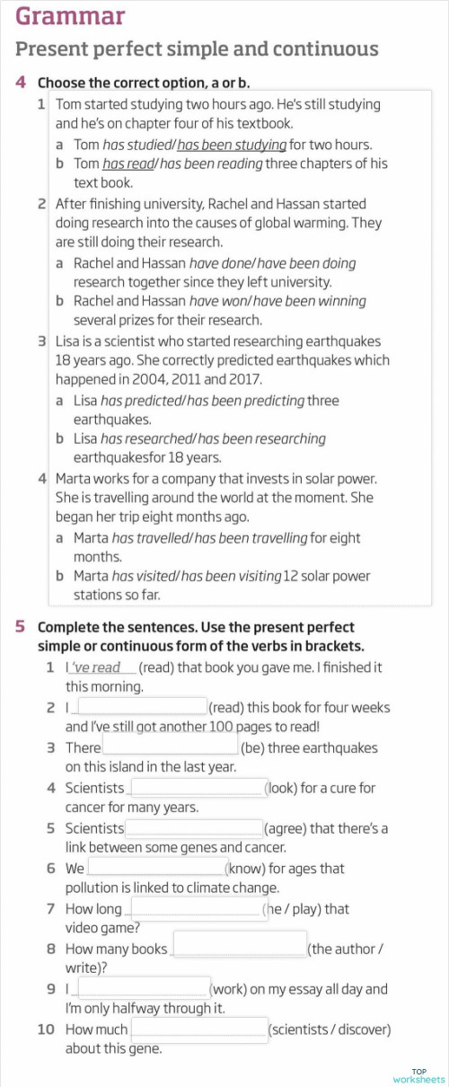 Present Perfect Simple/Continuous. Interactive worksheet | TopWorksheets