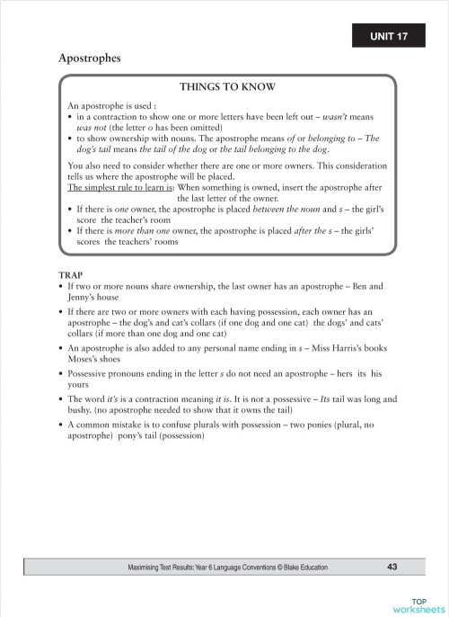 Unit 17 Apostrophes. Interactive worksheet | TopWorksheets