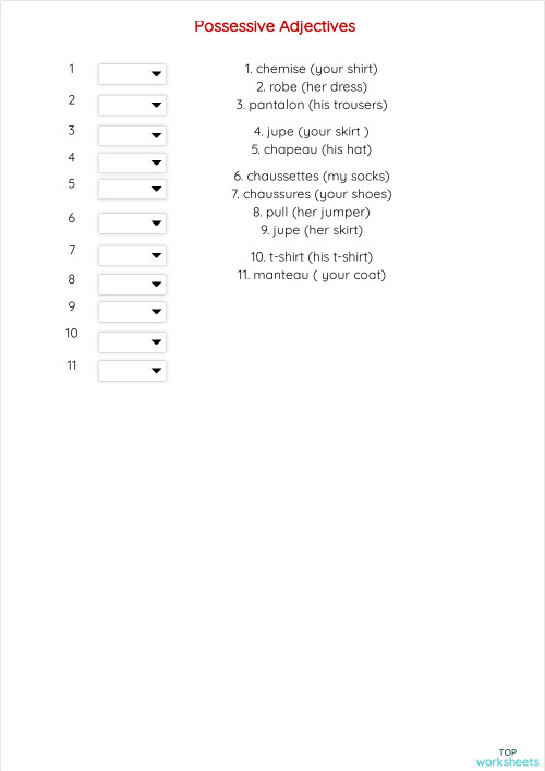 Possessive Adjective. Interactive worksheet | TopWorksheets