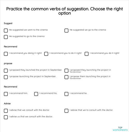 Practice the common verbs of suggestion. Choose the right option ...